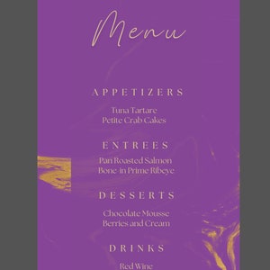 Editable Purple and Gold Menu Card Template, Marble Design, Luxury ...