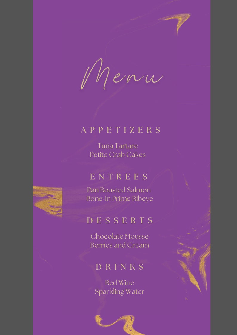 Editable Purple and Gold Menu Card Template Marble Design - Etsy