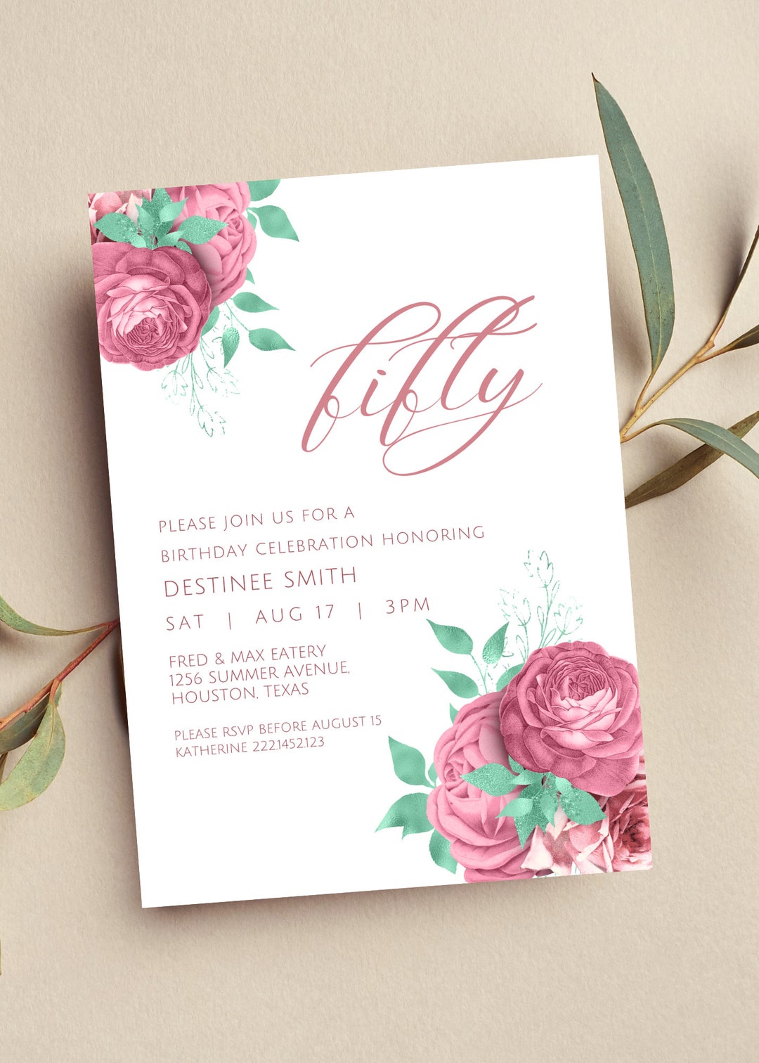 Editable Pink and Green Floral Invitation, Pink and Mint Flowers ...