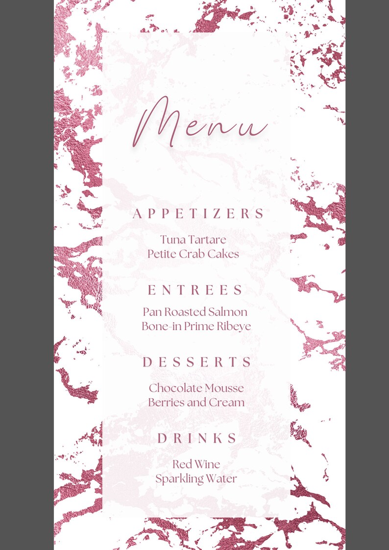 Editable Pink and White Menu Card Template Marble Design - Etsy