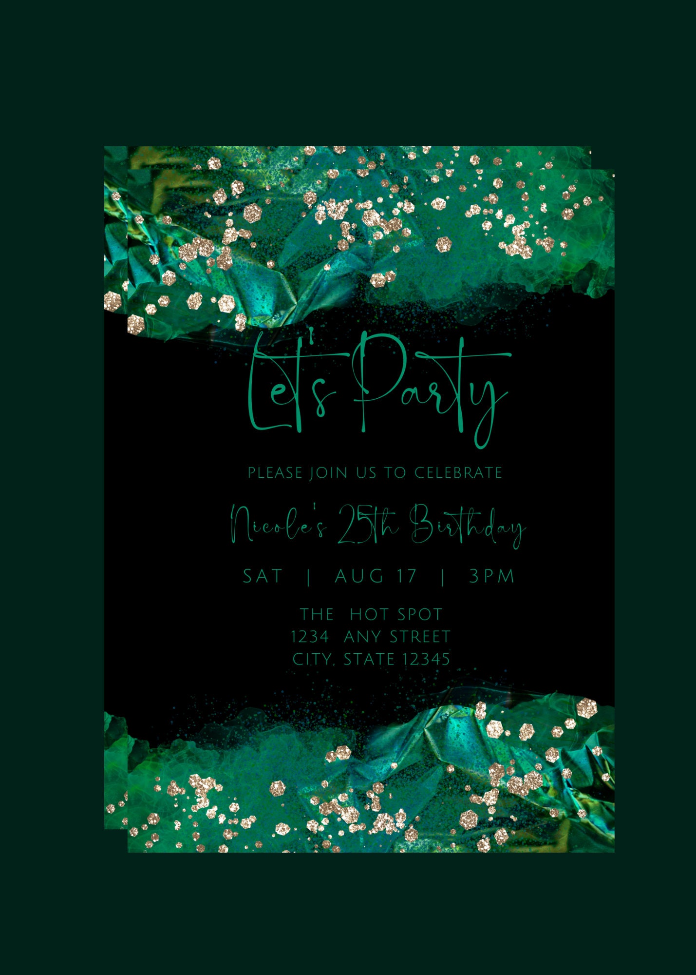 Editable Green and Black Invitation, Let's Party Birthday Invite, Glam ...