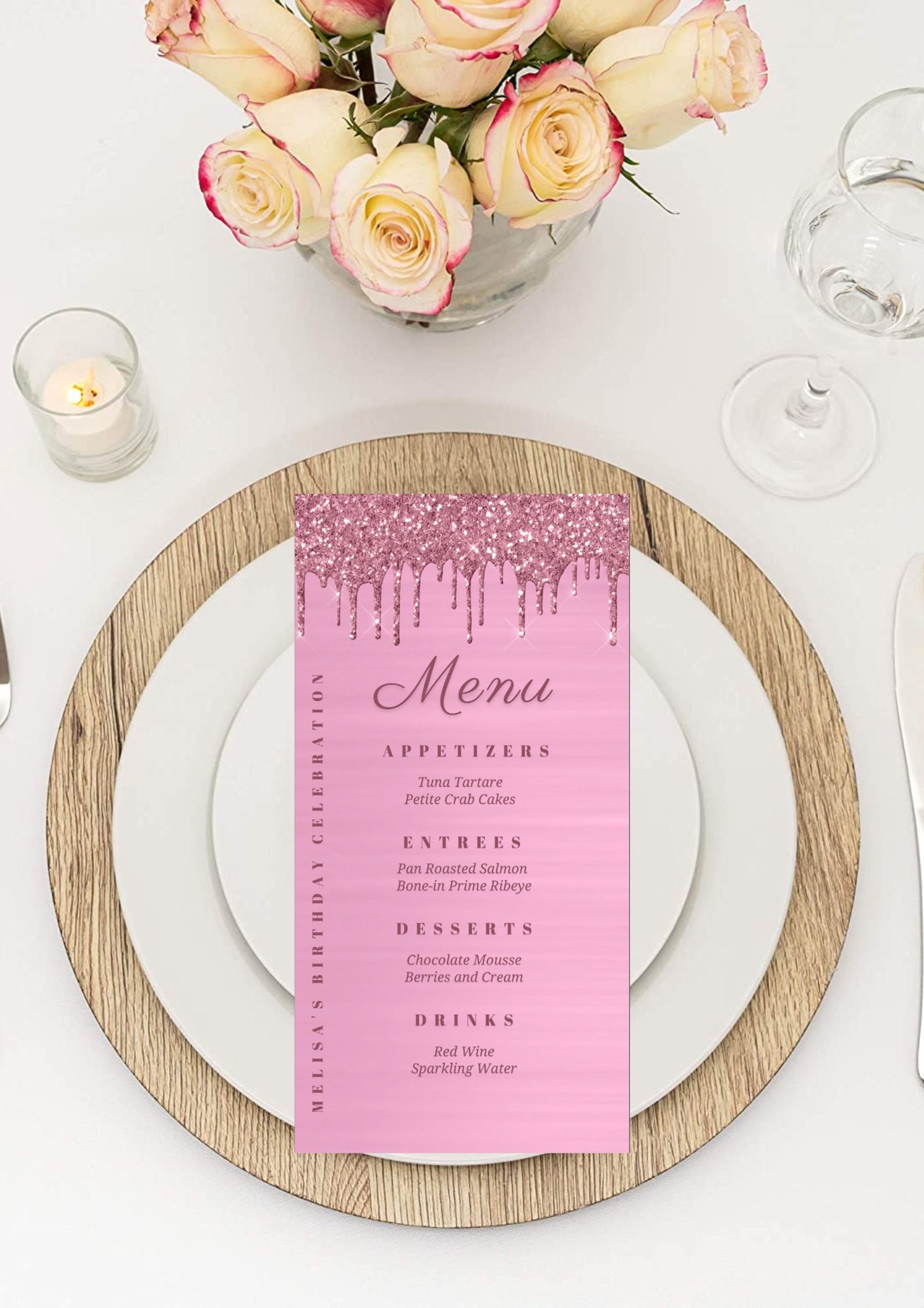 Editable Pink Menu Card Template Pink Glitter Drip Menu Card - Etsy