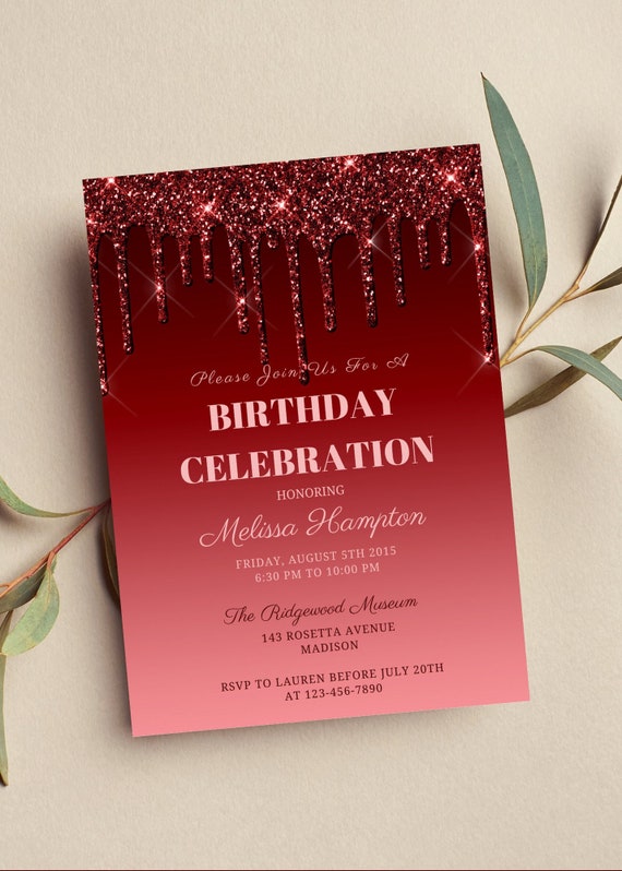 Editable Red Birthday Invitation Red Glitter Drip Dripping - Etsy