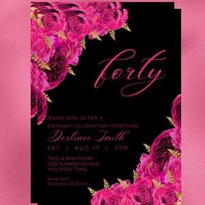 Editable Hot Pink, Gold, and Black Birthday Invitation, Floral Invite ...