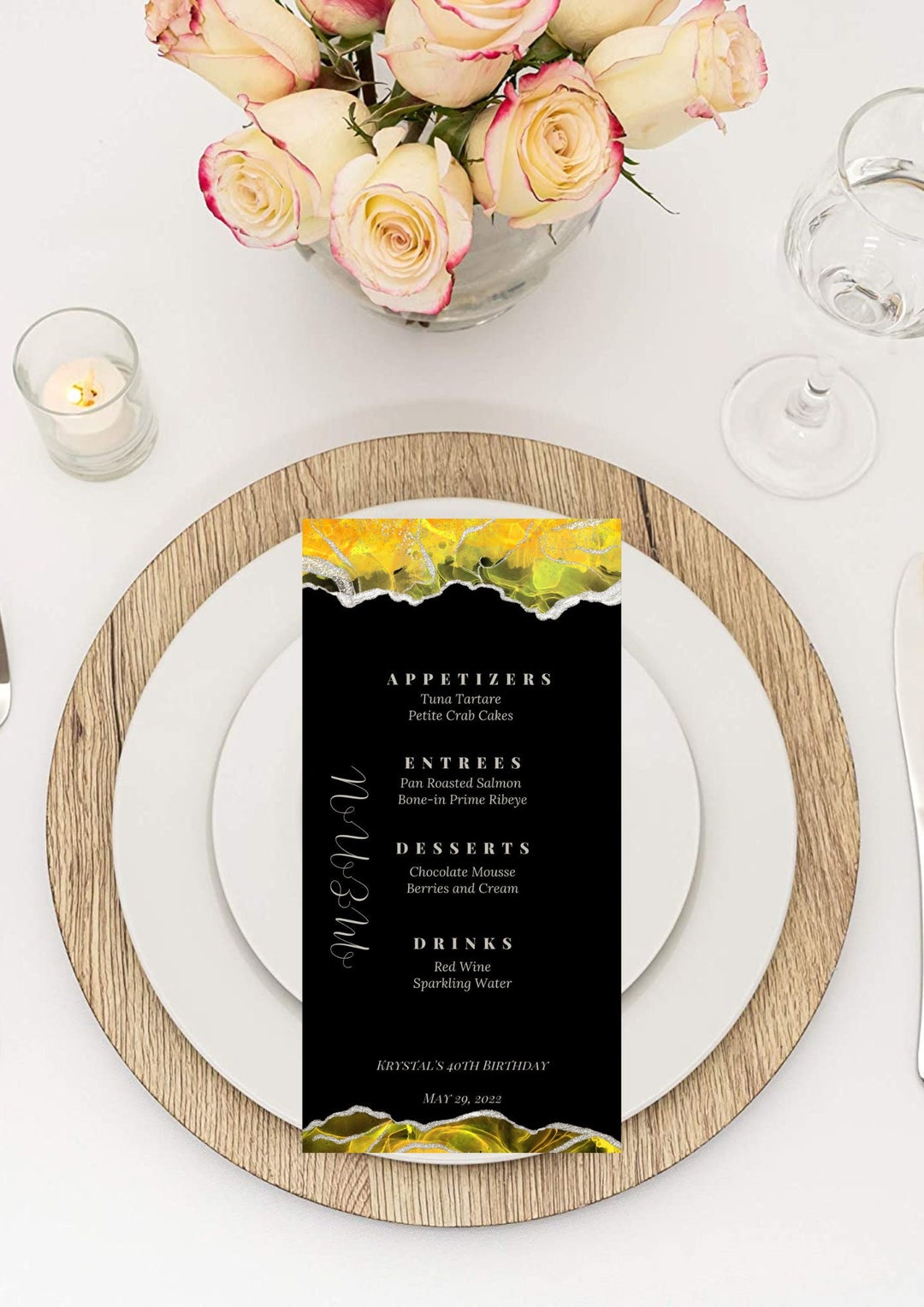 Editable Birthday Party Menu Template, Yellow and Black Menu Cards ...