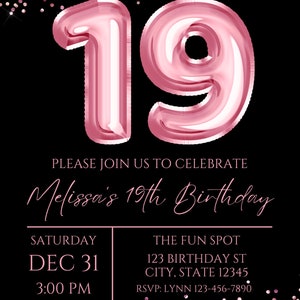 Editable 19th Birthday Invitation, Pink and Black Invitation, Pink 19 ...