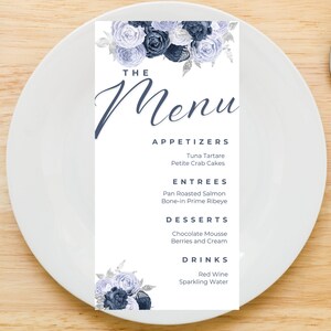 Editable Menu Card Template, Dusty Blue and Silver Menu Cards, Floral ...