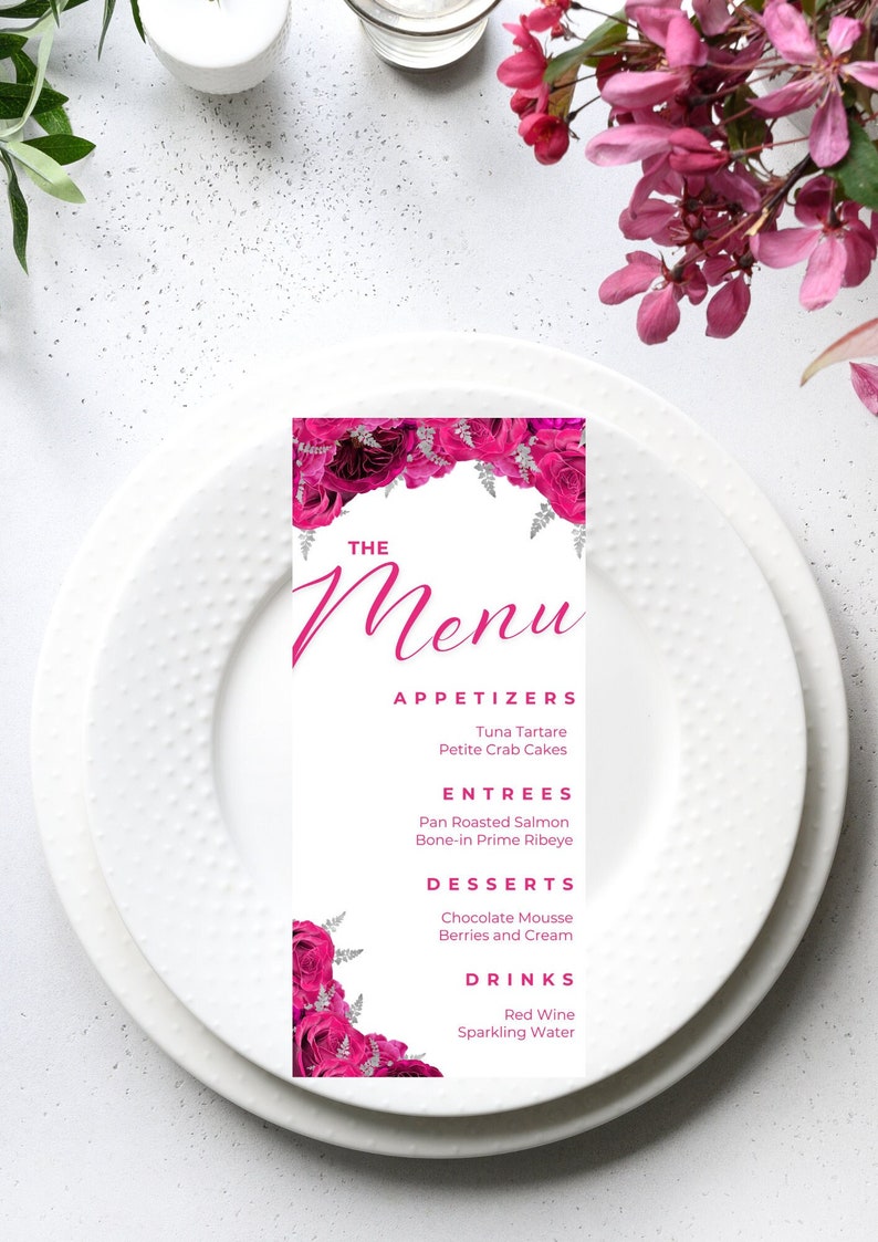 Hot Pink Floral Menu Card Template, Editable (digital Download) - Etsy ...