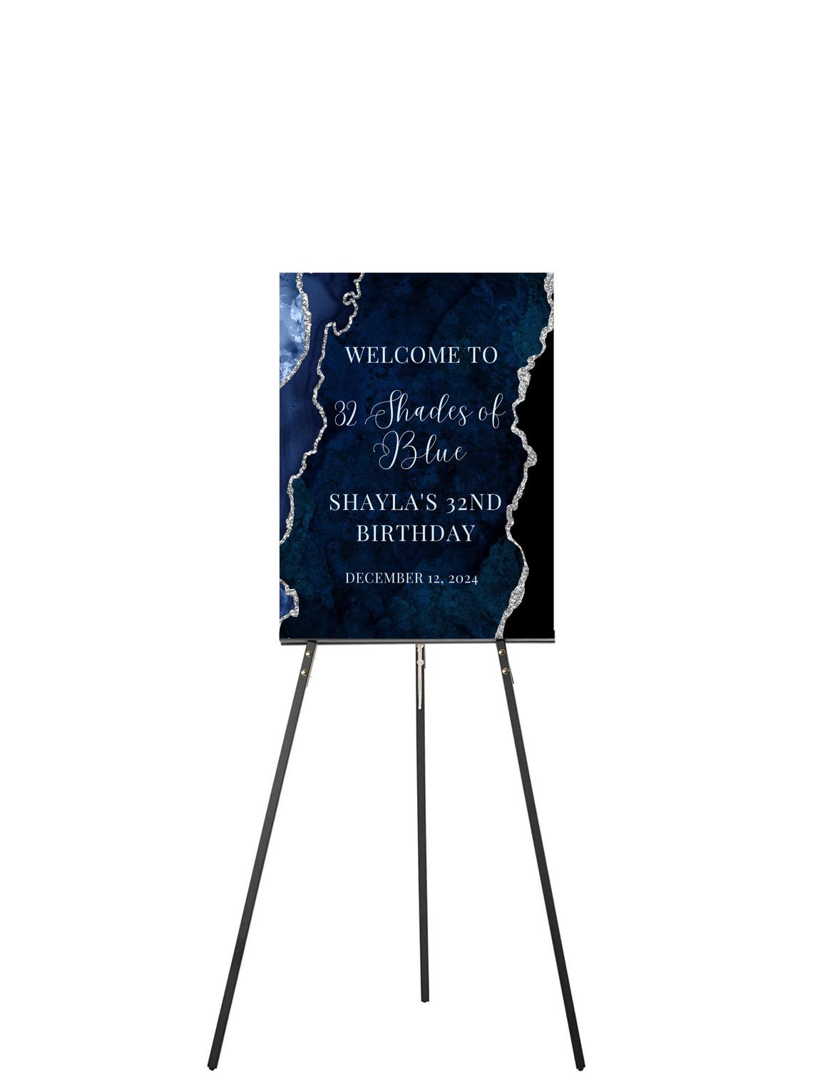 Blue Agate Birthday Welcome Sign Editable Silver Accent Digital ...