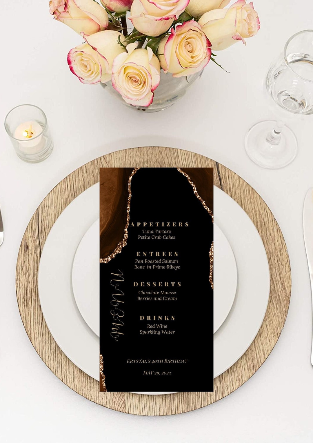 Editable Birthday Party Menu Card Template, Brown and Gold Menu Card ...