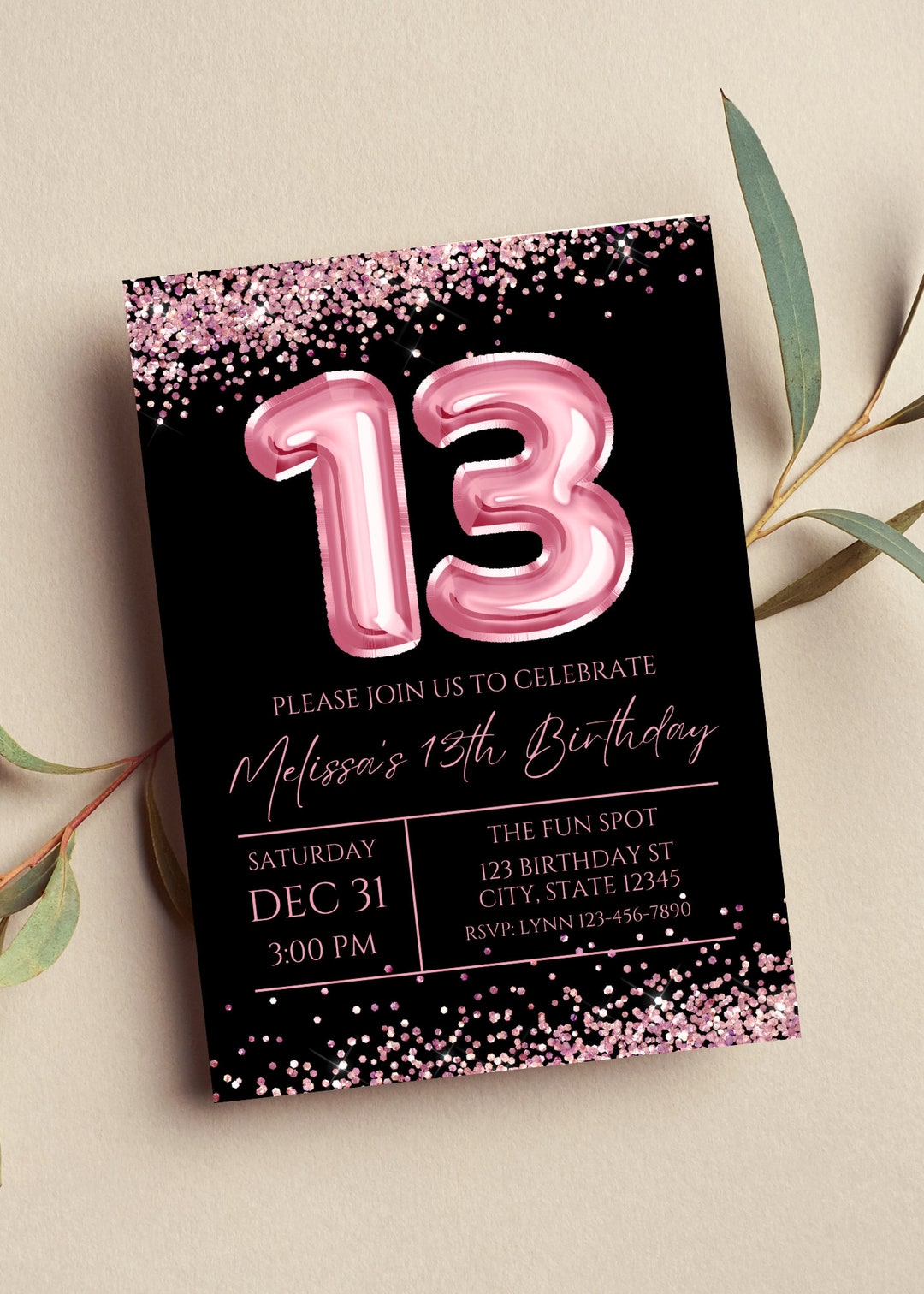 Editable 13th Birthday Invitation, Pink and Black Invitation, Pink 13 ...