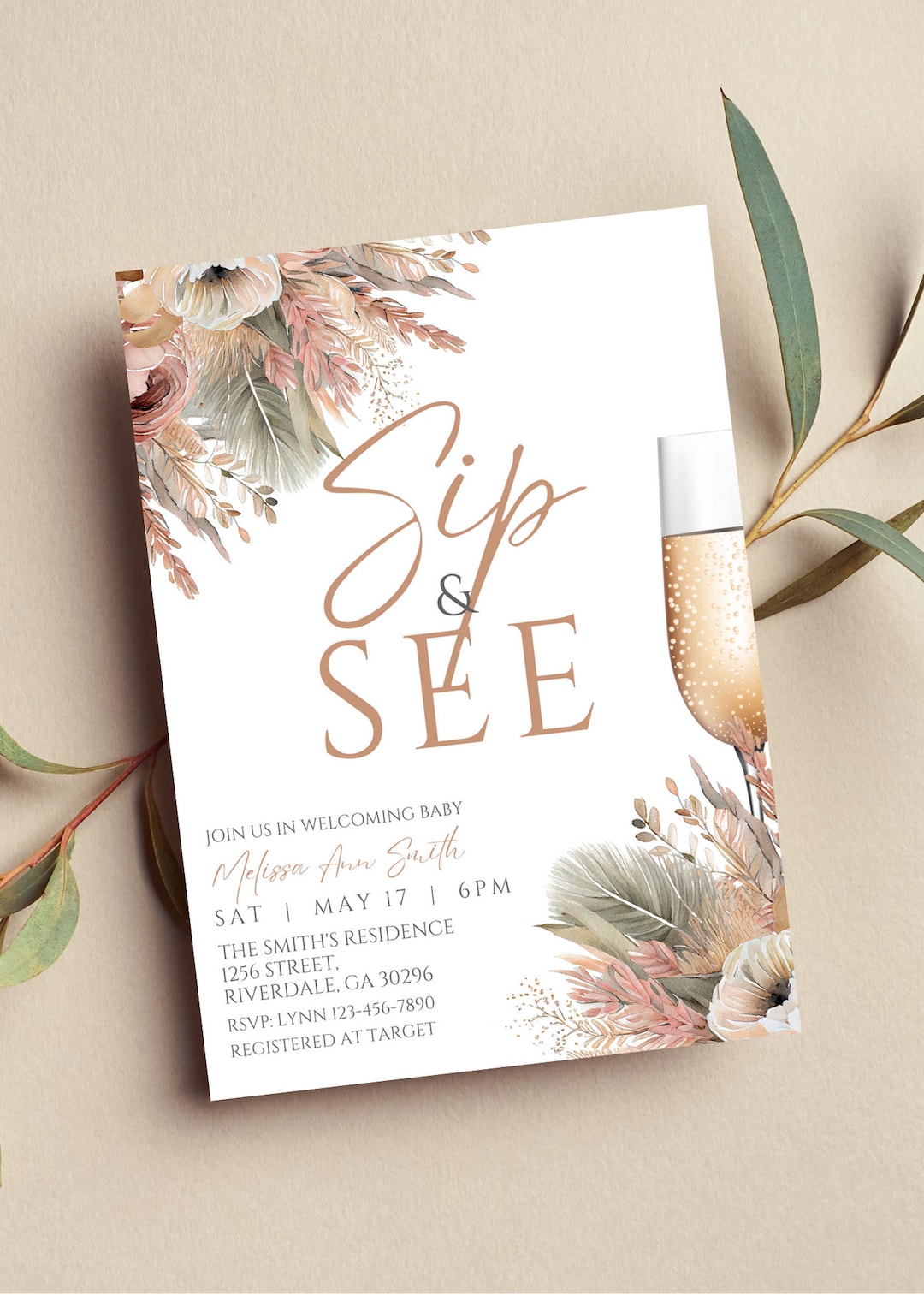 Editable Sip and See Invitation, Gender Neutral, Pampas, Boho Floral ...