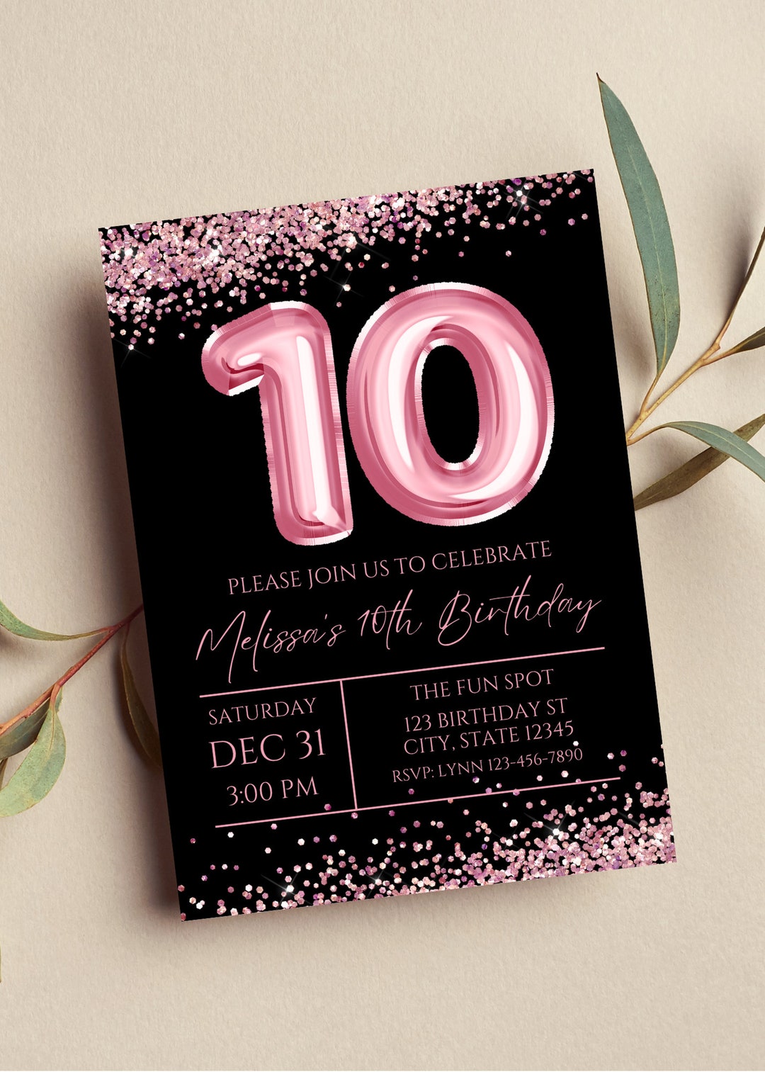 Editable 10th Birthday Invitation, Pink and Black Invitation, Pink 10 ...