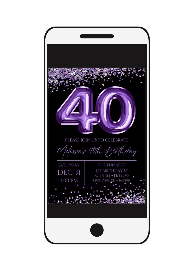 Editable 40th Birthday Invitation, Purple and Black Invitation, Purple ...