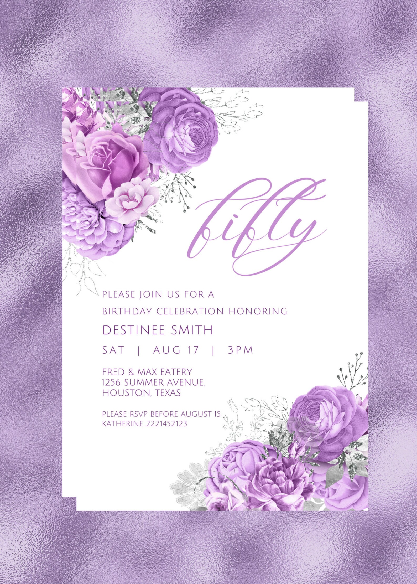 Editable Lavender and Silver Floral Invitation, Lavender and Silver Flowers, Birthday Invitation ...