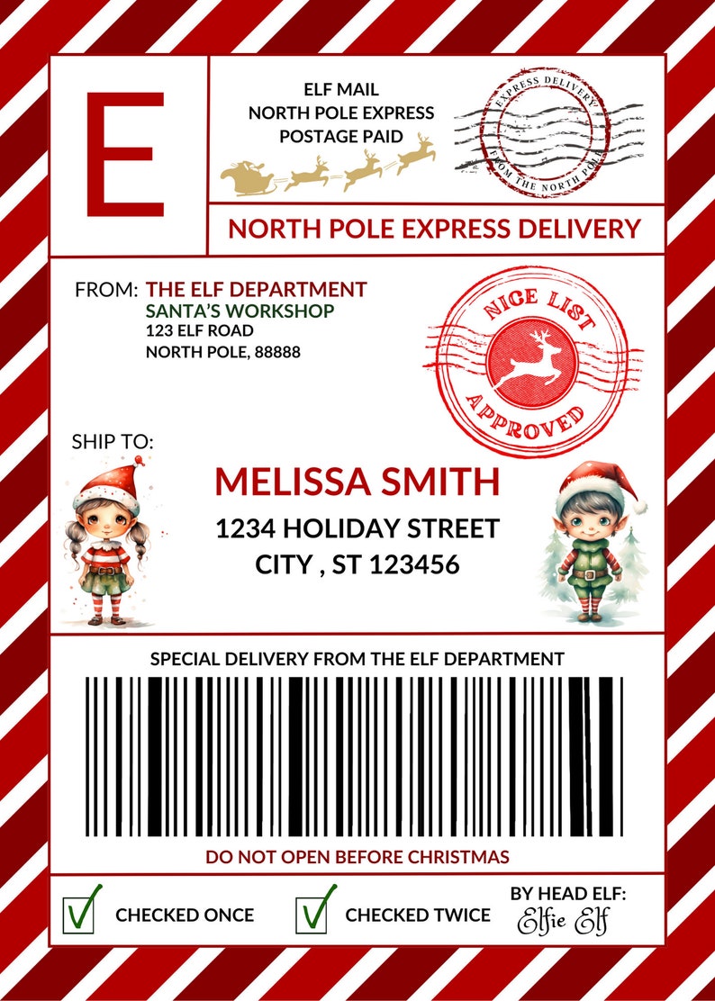 Printable North Pole Mail, Santa Shipping Label Editable Elf Postage ...