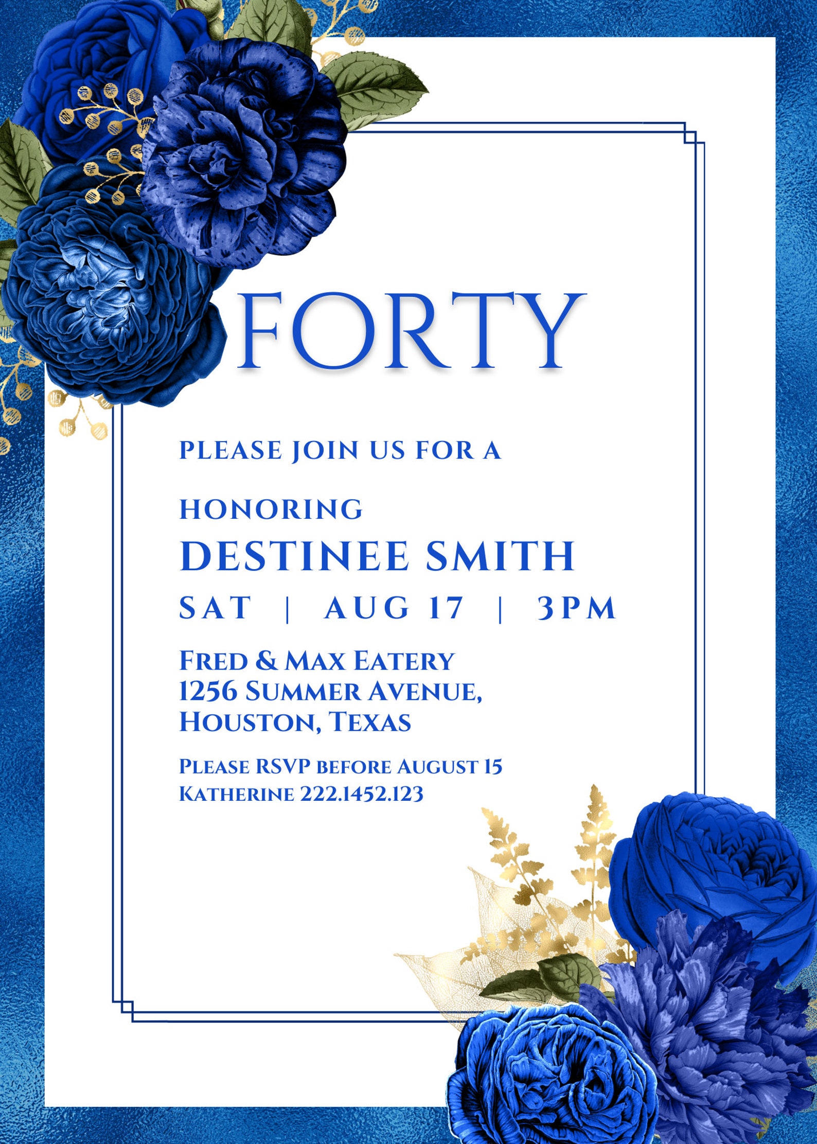 Editable Royal Blue Floral Invitation Royal Blue Flowers - Etsy