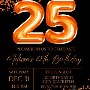 Editable 25th Birthday Invitation, Orange and Black Invitation, Orange ...