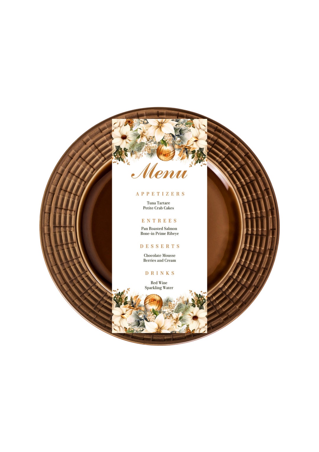Editable Gold Christmas Menu Card Template Floral Christmas Dinner Menu ...
