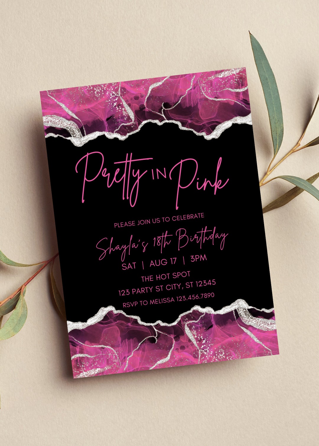 Editable Pink Birthday Invitation, Pretty in Pink, Pink, Black, and ...