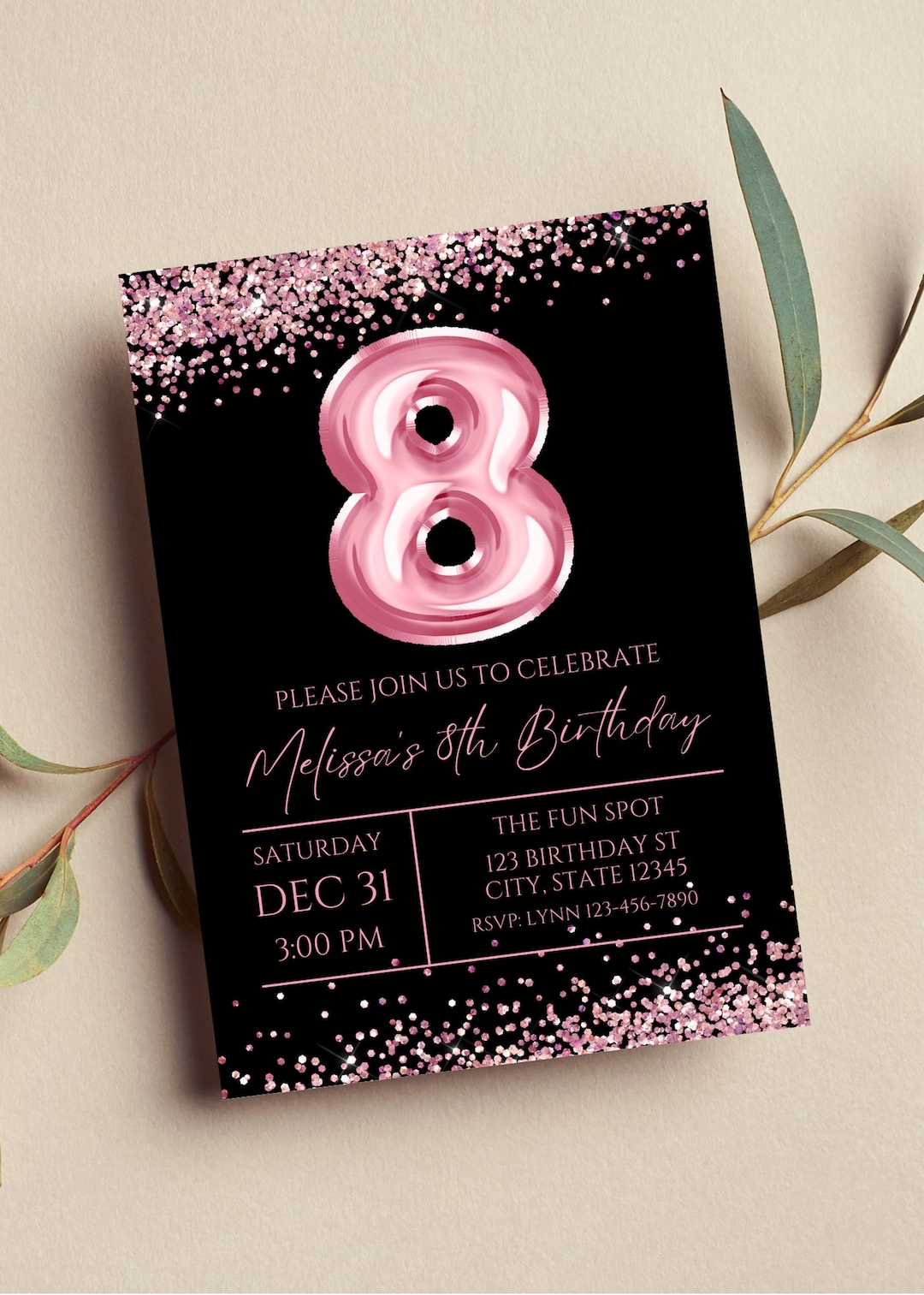 Pink & Black 8th Birthday Invitation, Glam Glitter Design (digital) - Etsy