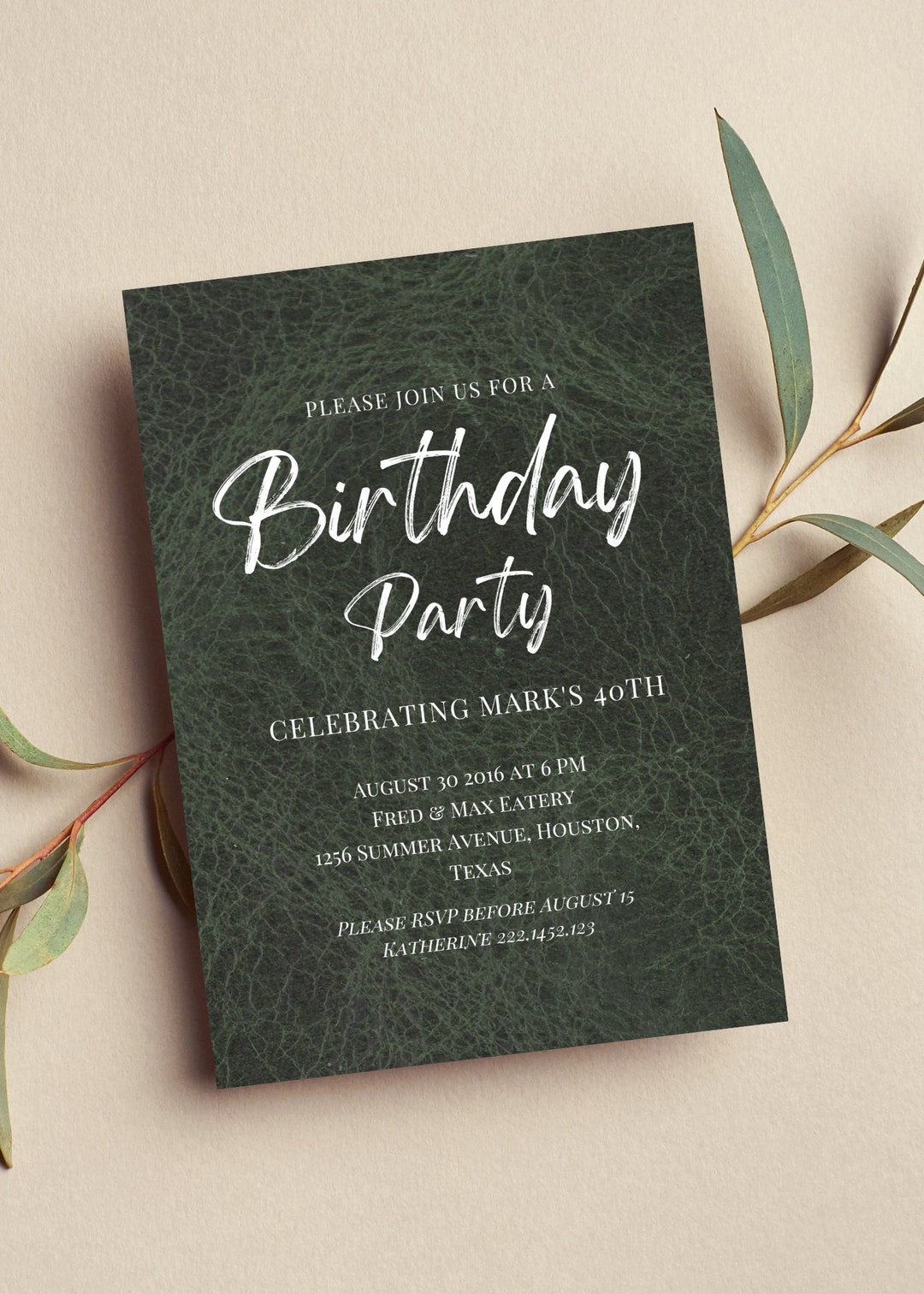 Editable Birthday Party Invitation for Men, Green Invite, Masculine ...