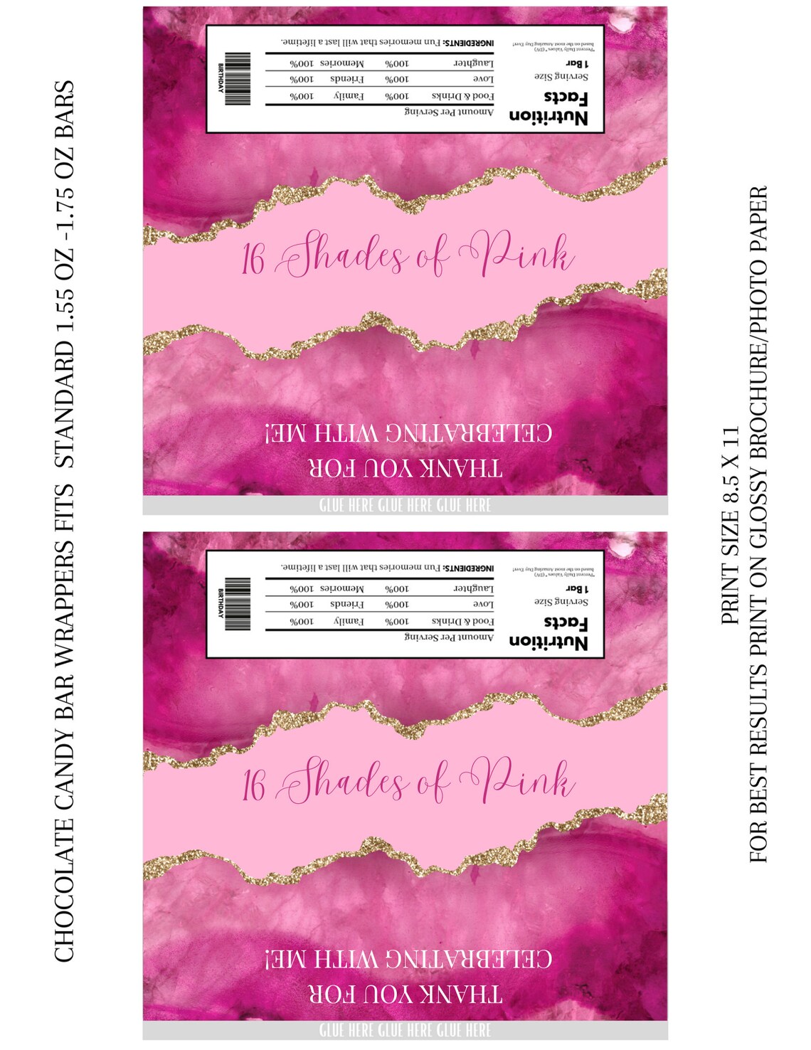 Editable Shades of Pink Candy Bar Label, Chocolate Bar, Pink and Gold ...
