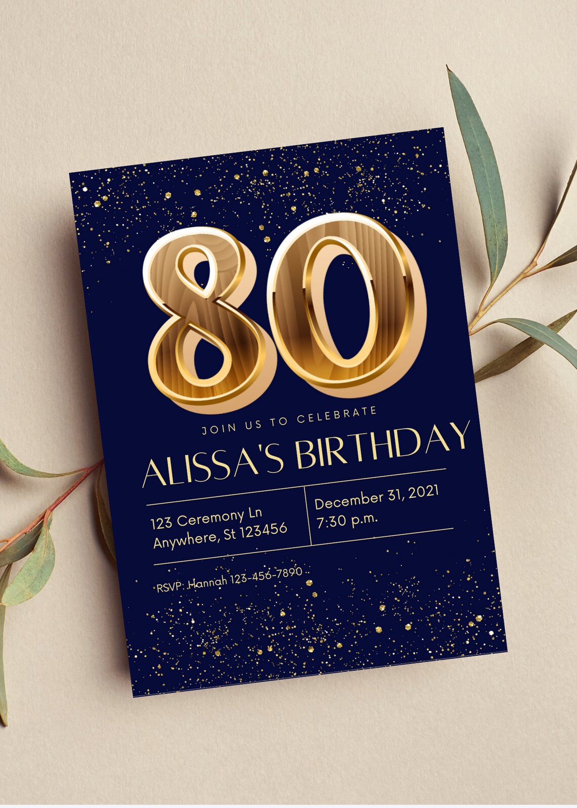 Editable 80th Birthday Party Invitation Blue and Gold Print - Etsy Canada