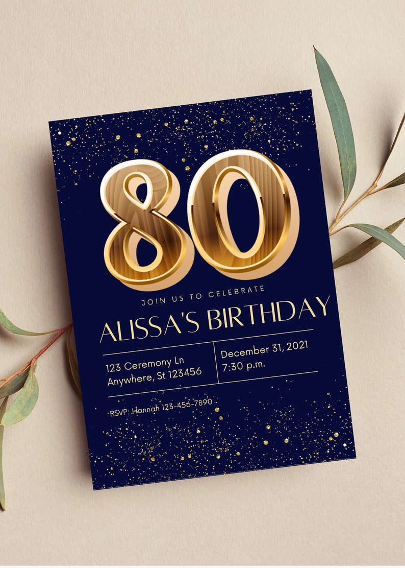 Editable 80th Birthday Party Invitation Blue And Gold Etsy Uk