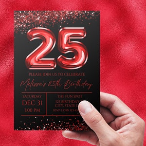 Editable 25th Birthday Invitation, Red and Black Invitation, Red 25 ...