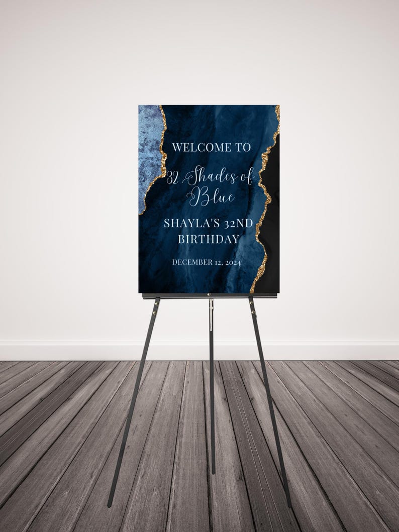 Editable Shades of Blue Birthday Welcome Sign, Blue and Gold Birthday ...
