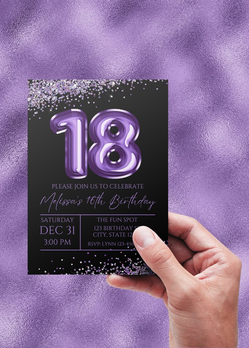 Editable 18th Birthday Invitation Purple and Black - Etsy