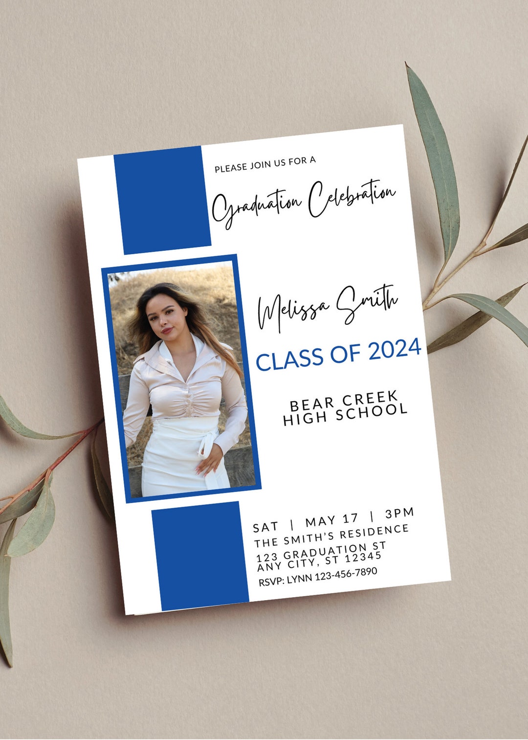 Editable Graduation Invitation Template With Photo, Blue, Graduation ...