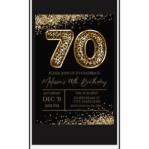 Editable 70th Birthday Invitation, Leopard Print, Black and Gold ...