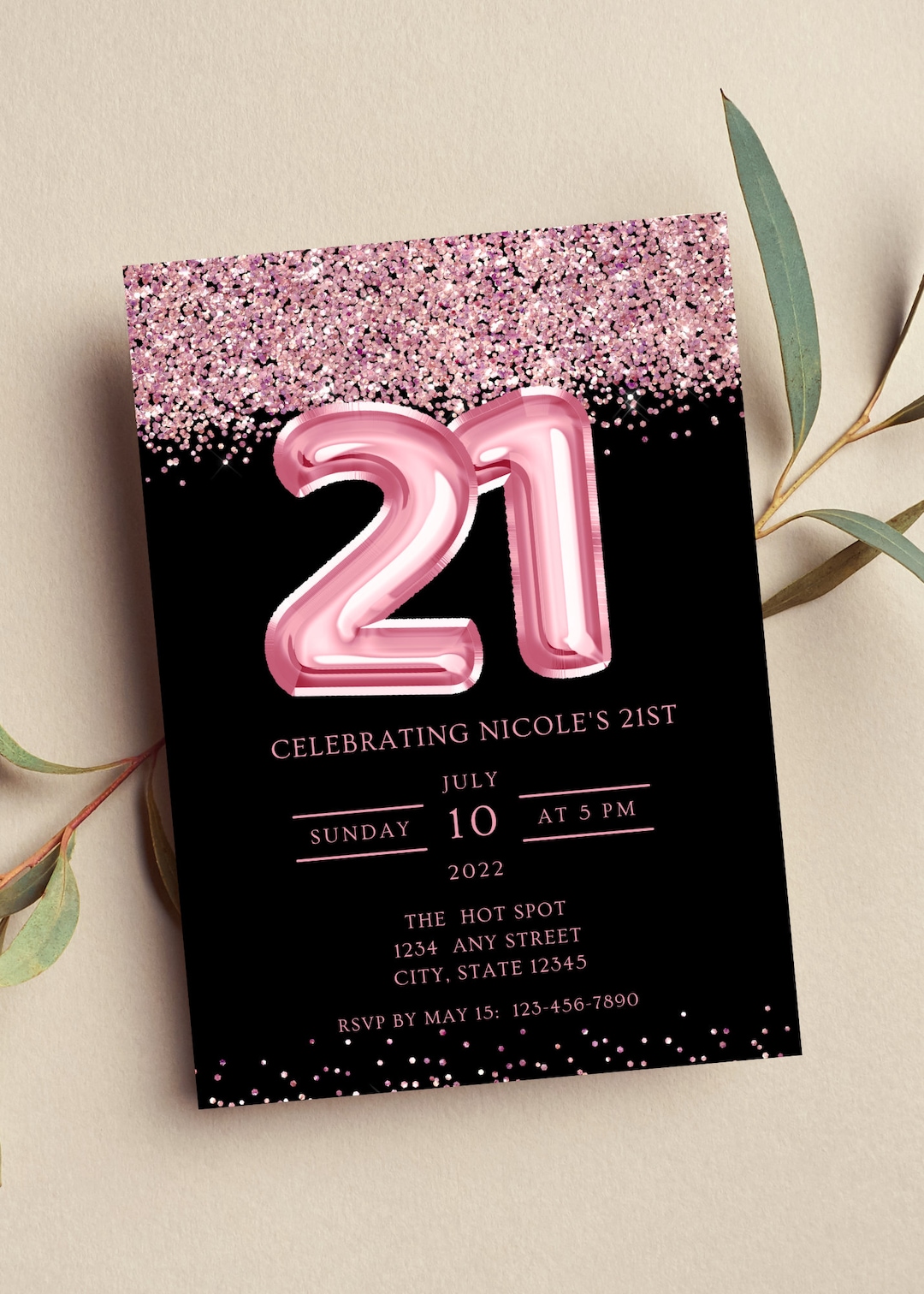 Editable 21st Birthday Invitation Pink And Black Invitation Gold 21