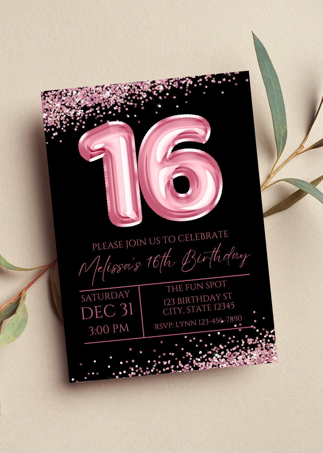Editable 16th Birthday Invitation, Sweet 16, Pink and Black Invitation ...