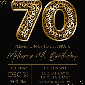 Editable 70th Birthday Invitation, Leopard Print, Black and Gold ...
