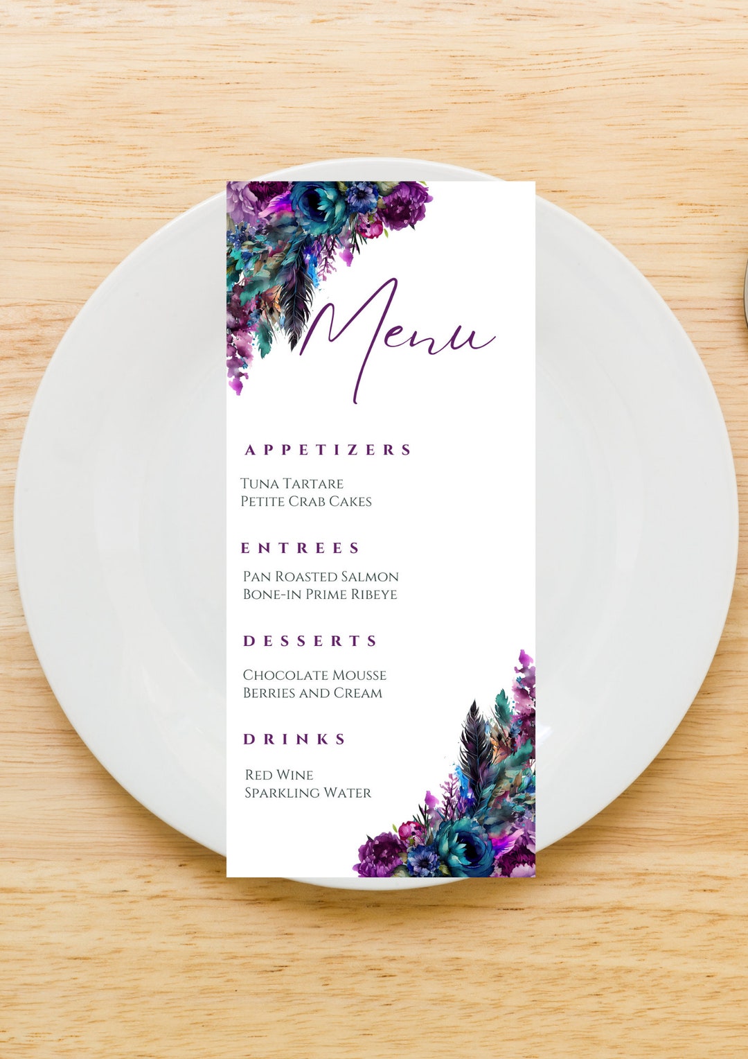 Editable Menu Card Template, Teal and Purple Birthday Dinner Menu ...