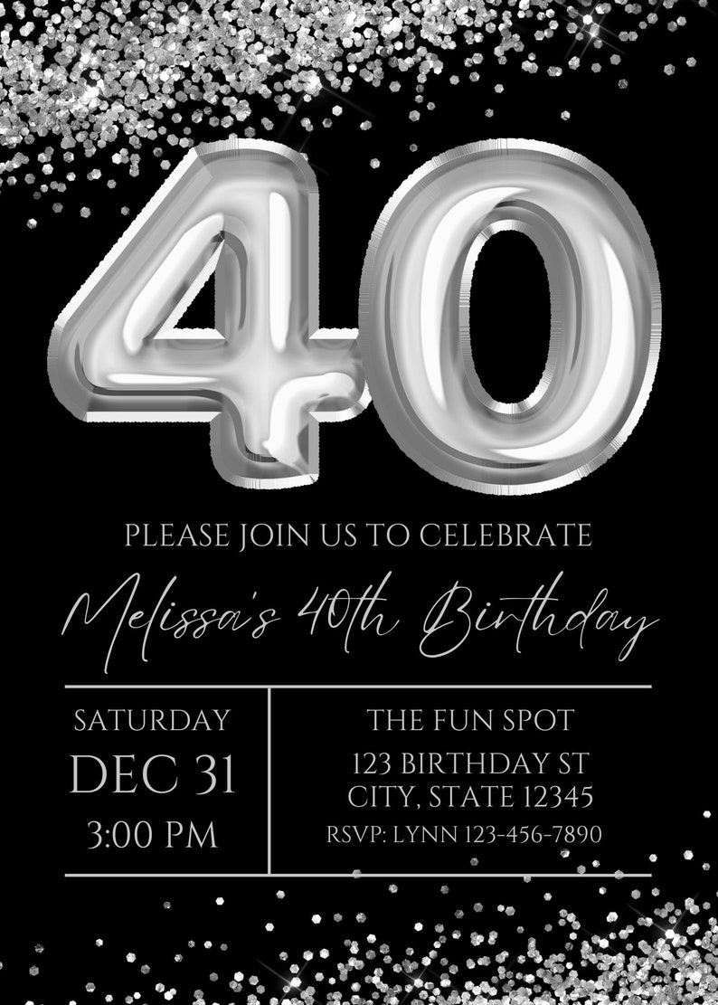 Editable 40th Birthday Invitation, Black and Silver Invitation, Silver ...