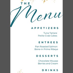 Editable Menu Card Template, Teal and Gold Menu Cards, Floral, Dinner ...
