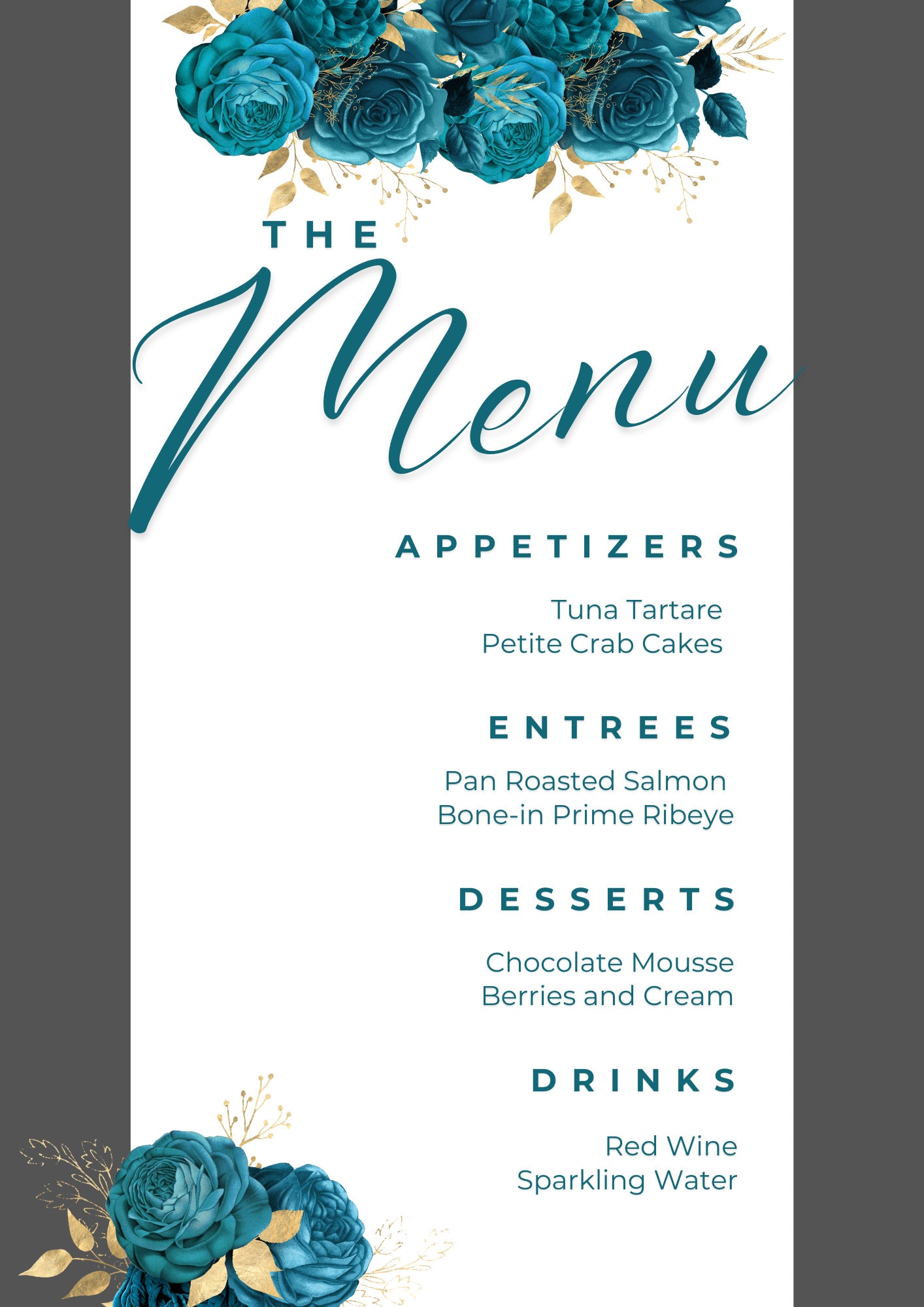 Editable Menu Card Template Teal and Gold Menu Card Floral - Etsy Canada