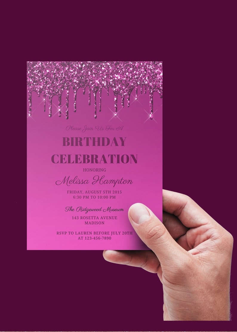 Editable Fuschia Birthday Invitation Fuchsia Glitter Drip - Etsy