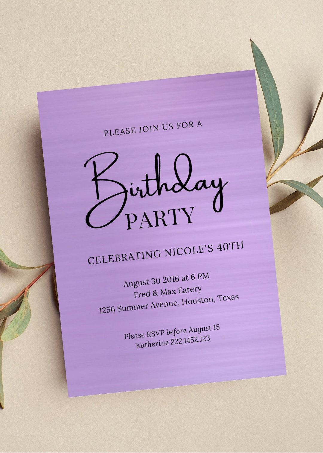 Purple Birthday Party Invitation, Editable, Minimalist, Modern ...