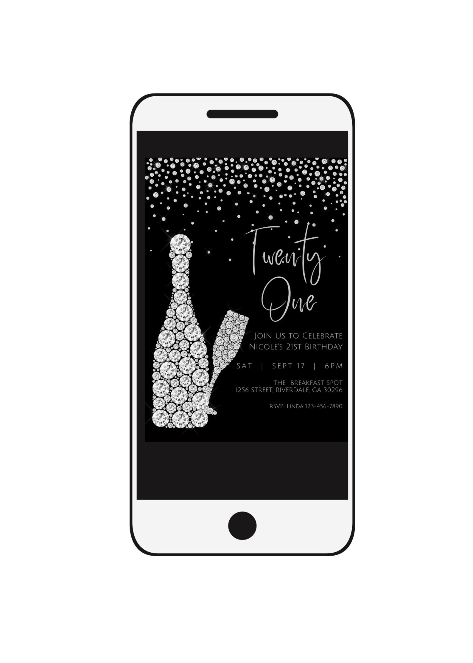 Editable 21st Birthday Invitation, Black and Silver, Glam, Printable or ...
