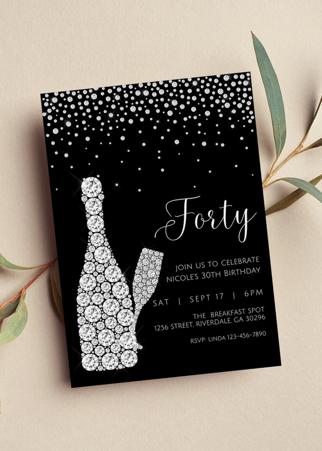 Editable 40th Birthday Invitation, Black and Silver Birthday Invitation ...