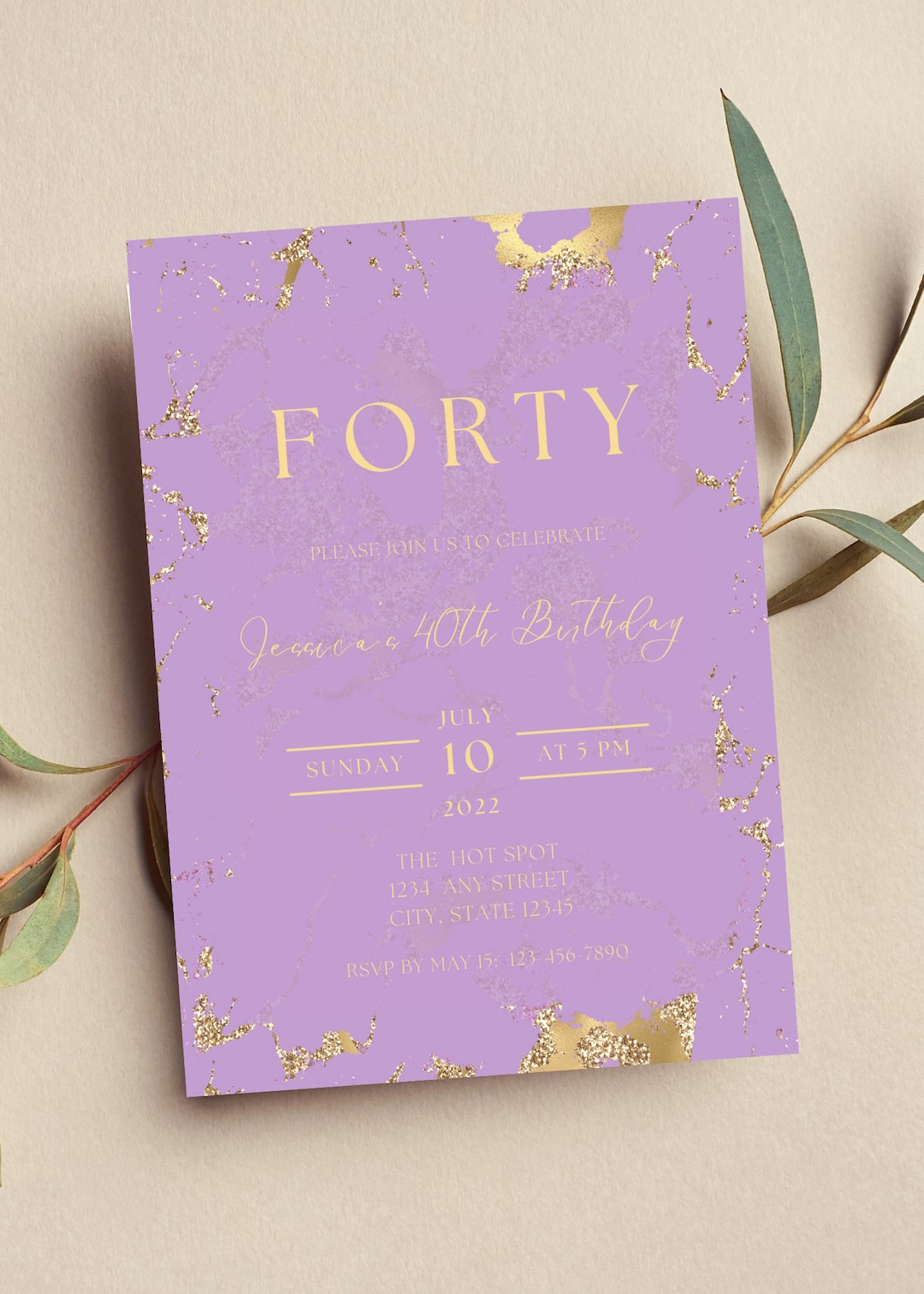 Editable Lilac and Gold Birthday Invitation, Purple Marble Invitation ...