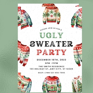 Editable Christmas Invitation, Ugly Sweater Party, Printable or Digital ...