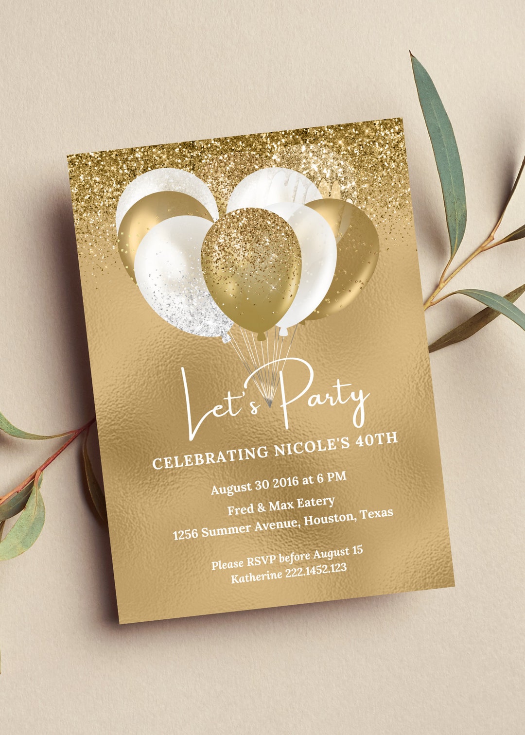 Editable Gold and White Birthday Invitation, Let's Party White and Gold ...