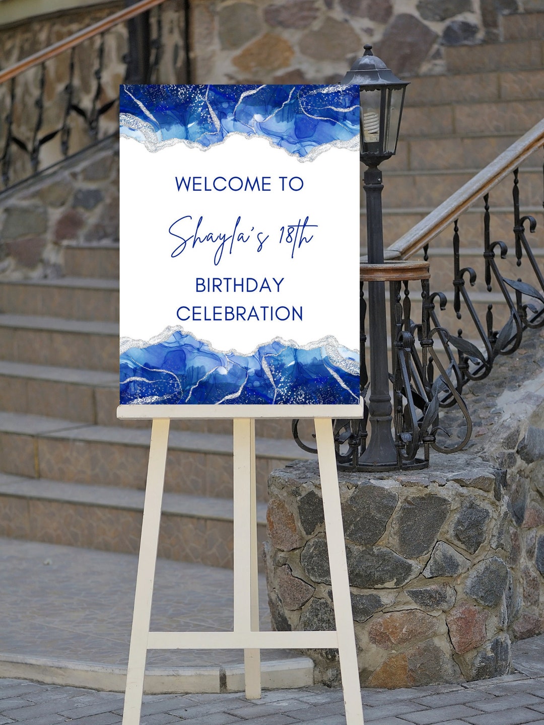 Editable Royal Blue Welcome Sign, Birthday Welcome Sign, Blue and White ...