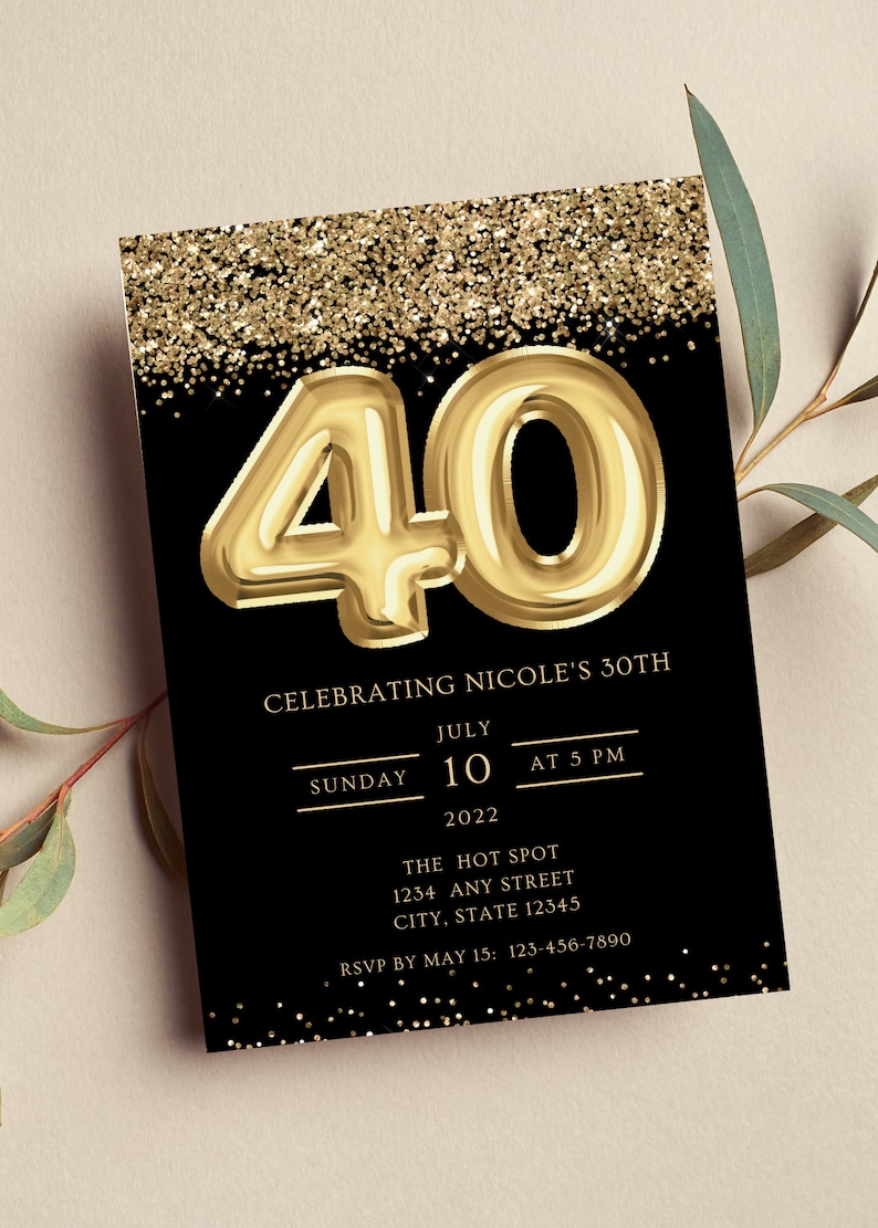 Editable 40th Birthday Invitation Black and Gold Invitation - Etsy